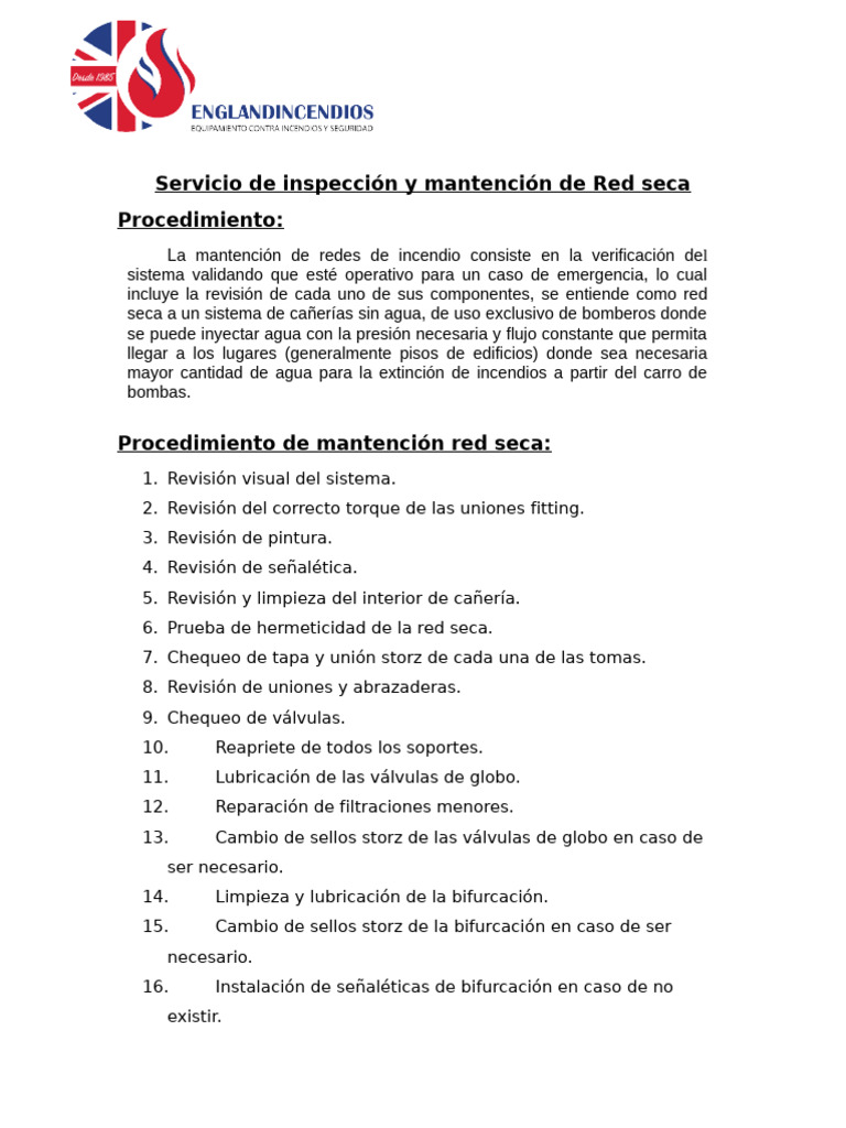 Servicio de inspección y mantención de Red seca | PDF