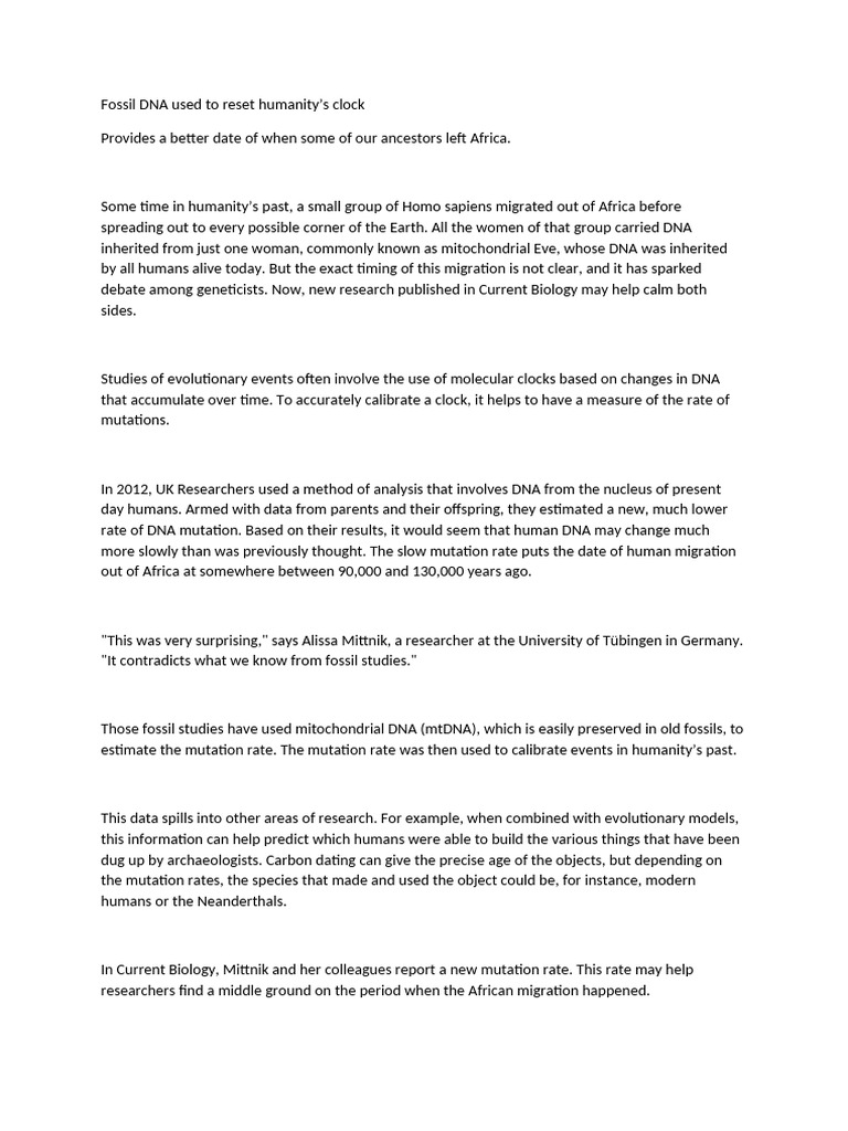 Fossil DNA Used To Reset Humanity | PDF | Mitochondrial Dna | Human