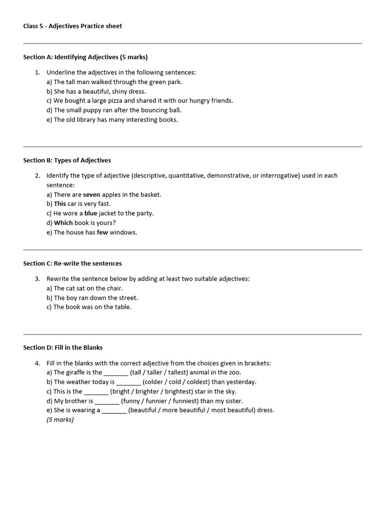 Class 5 Adjectives Practice Worksheet | PDF