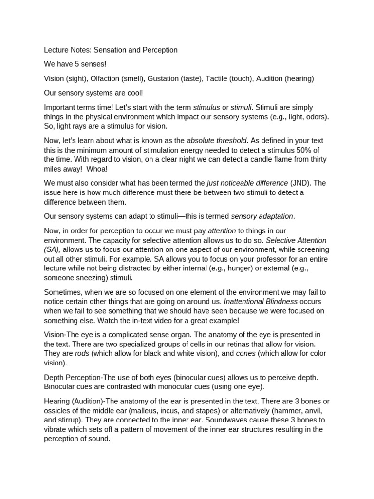 Chapter 5 Lecture Notes Sensation And Perception Pdf Senses Stimulus Physiology