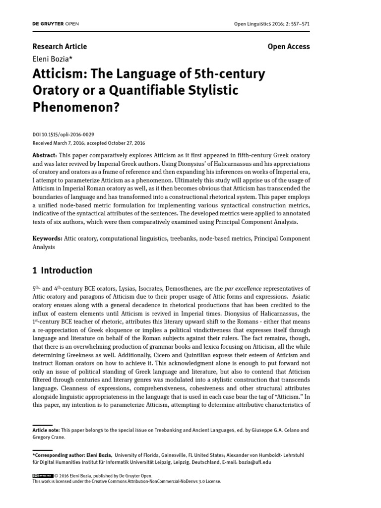 Atticism The Language of 5th Century Oratory | PDF | Rhetoric | Linguistics