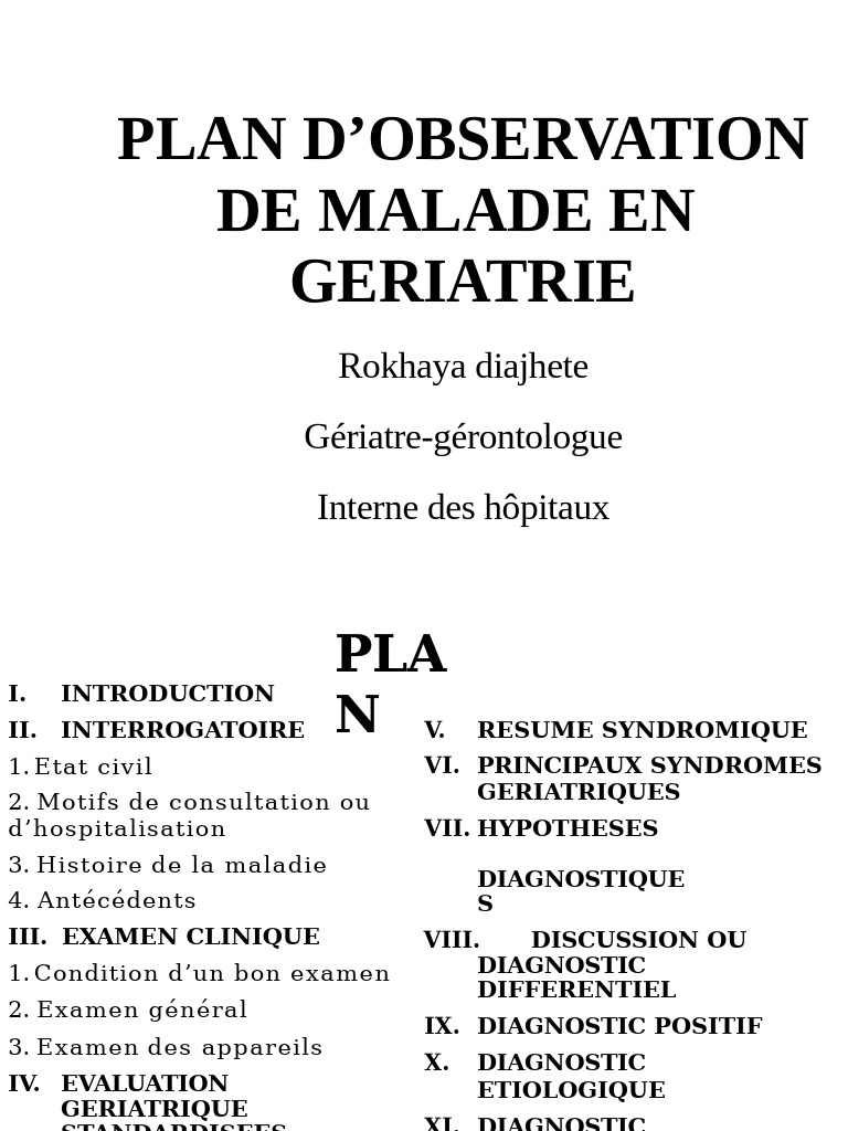 Plan d’Observation de Malade en Geriatrie | PDF | Dépression (psychiatrie) | Incontinence urinaire