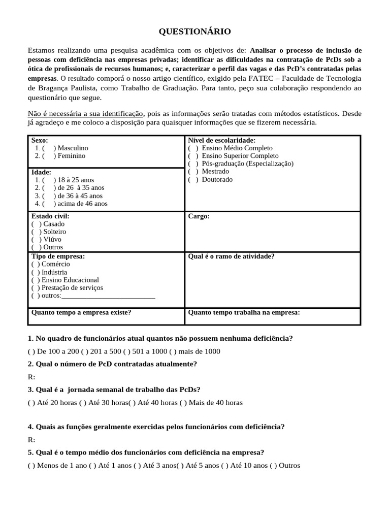 Questionario PcD | PDF | Recrutamento | Gestão de recursos humanos