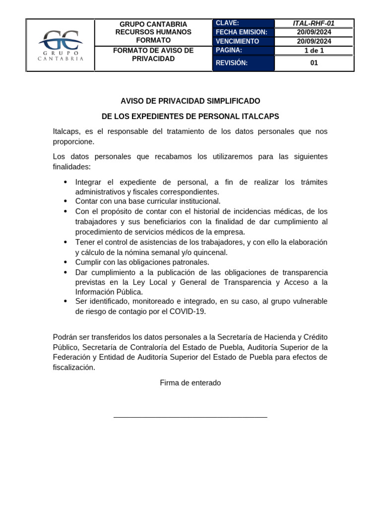 Formato Aviso de Privacidad | PDF