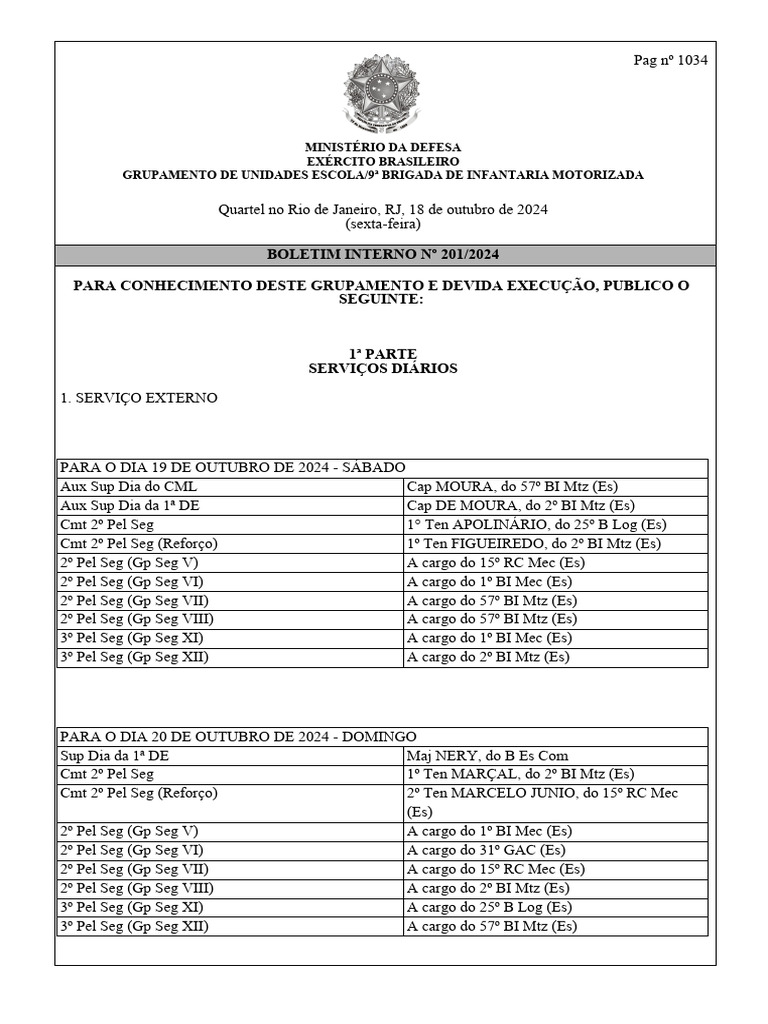 2024-10-18 O 201 Boletim Interno | PDF | Militar | Ciência militar