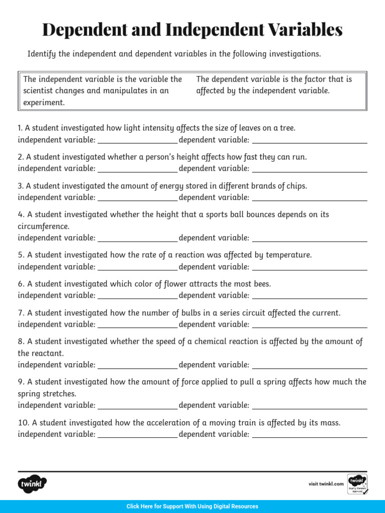 Digital Identifying Independent and Dependent Variables Science ...