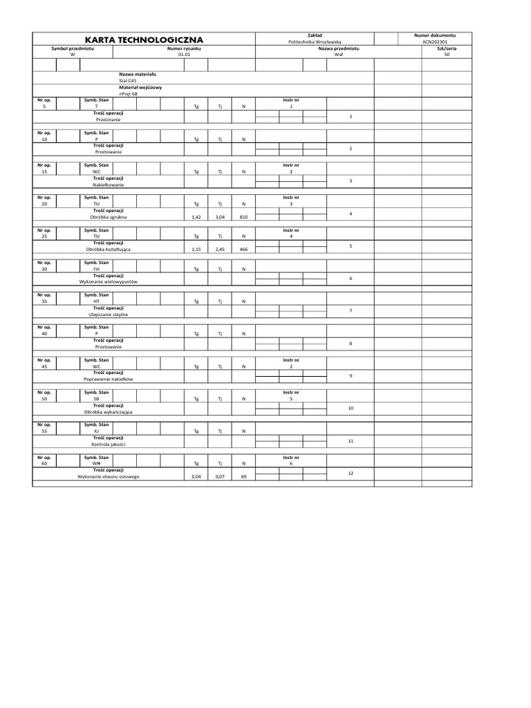 Karta Technologiczna Wał | PDF