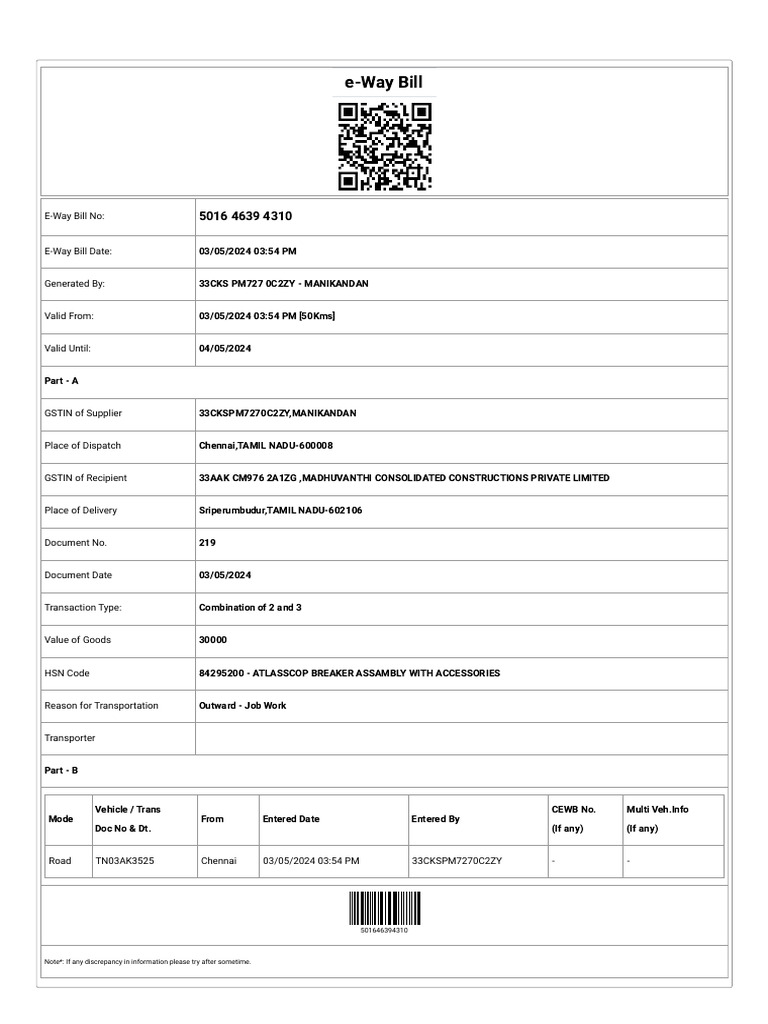 E-Way Bill Details for Job Work Transport | PDF