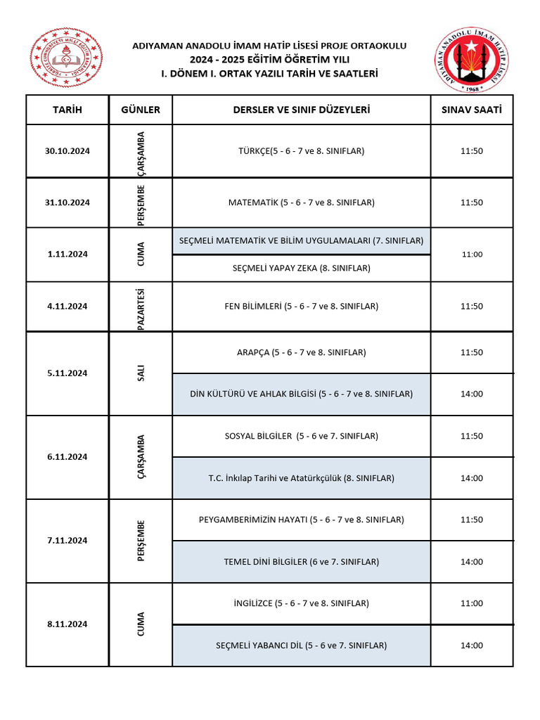 Ortaokul Grubu Ortak Sinav Tari̇hleri̇ | PDF