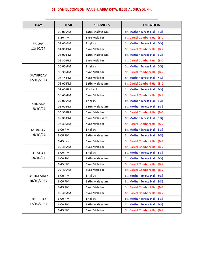 Holy Mass Schedule: Oct 11-17, 2024 | PDF