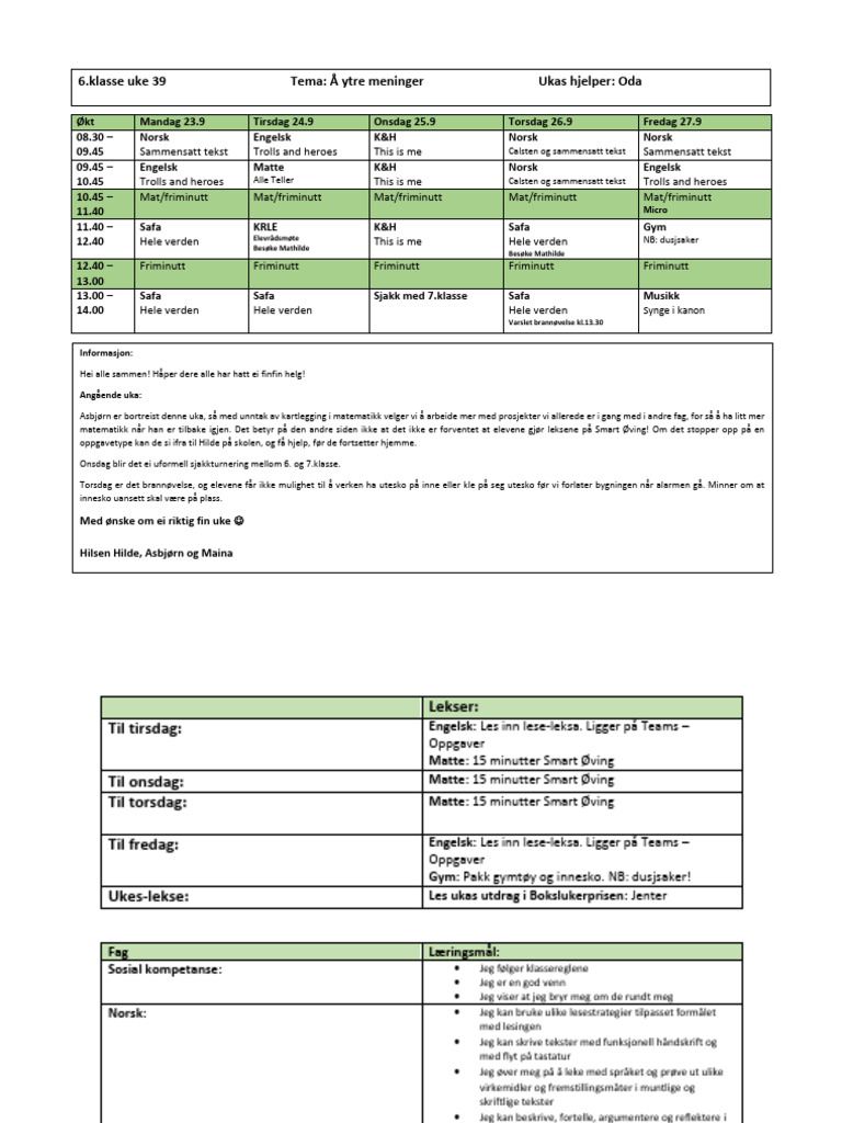 Ukeplan Uke 39 | PDF