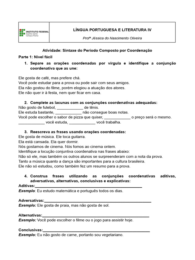Atividade - Sintaxe Do PerÃ Odo Composto Por CoordenaÃ Ã o | PDF