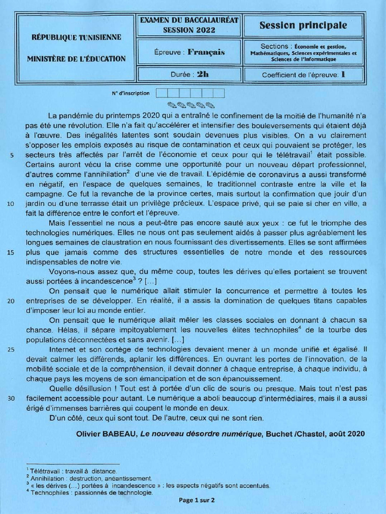 Bac 2022 Francais Section Eco Math SVT Info | PDF