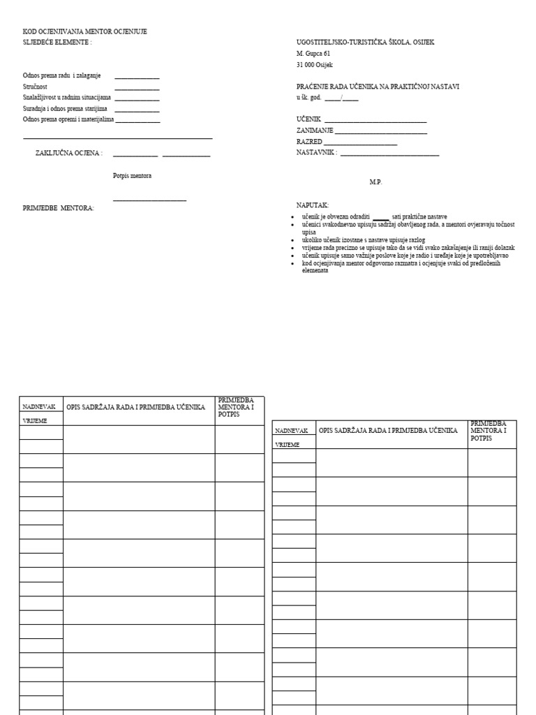 Prazan Obrazac Pracenje - Rada - Ucenika - Na - Prakticnoj - Nastavi ...