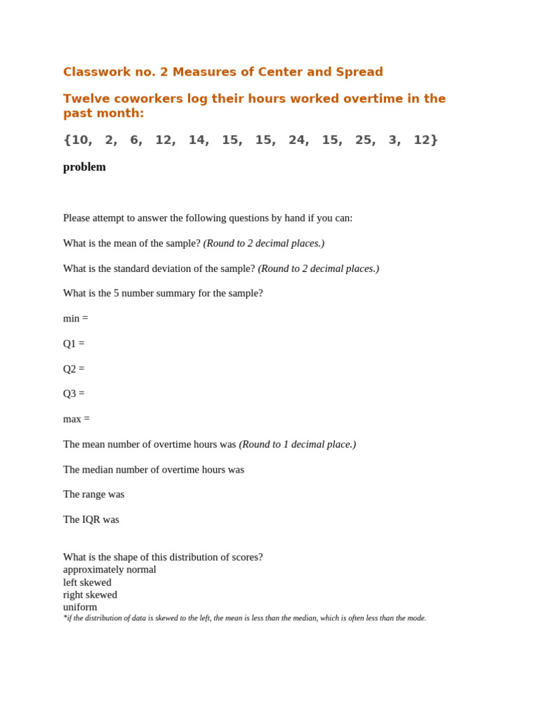Classwork 2 Measures of Center and Spread | PDF