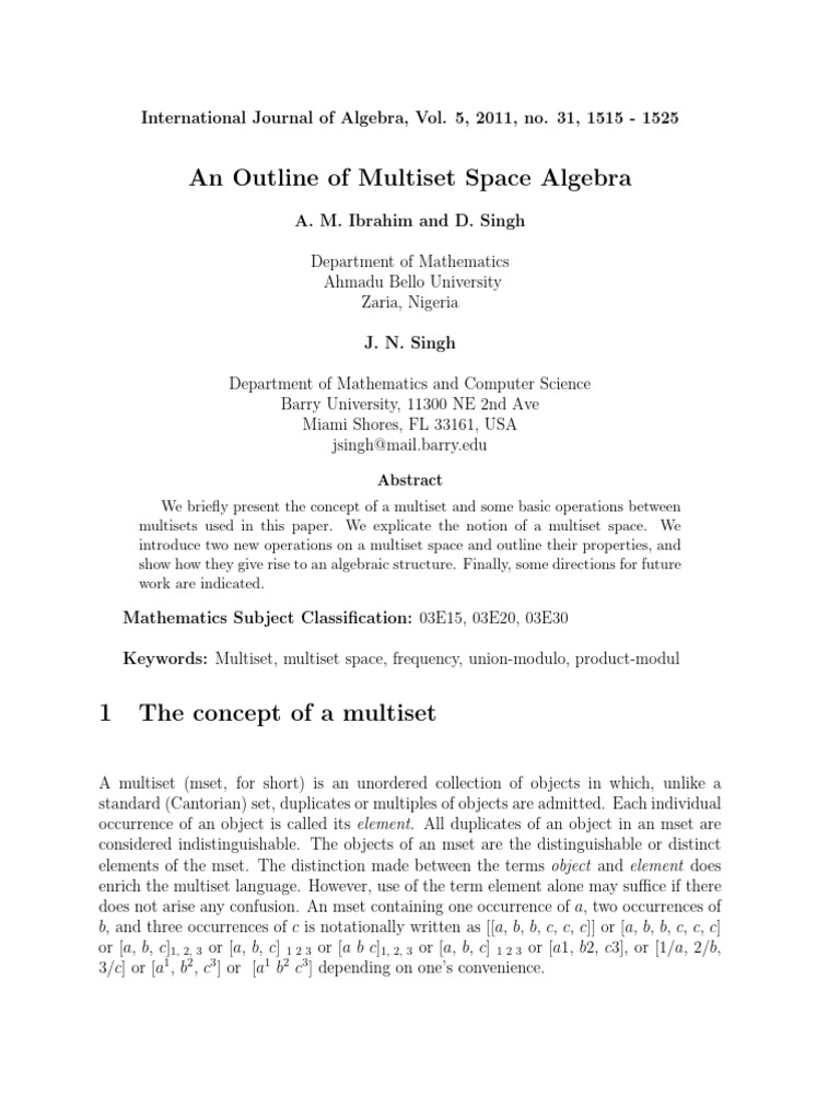 An Outline of Multiset Space Algebra | PDF | Mathematical Objects | Mathematical Analysis