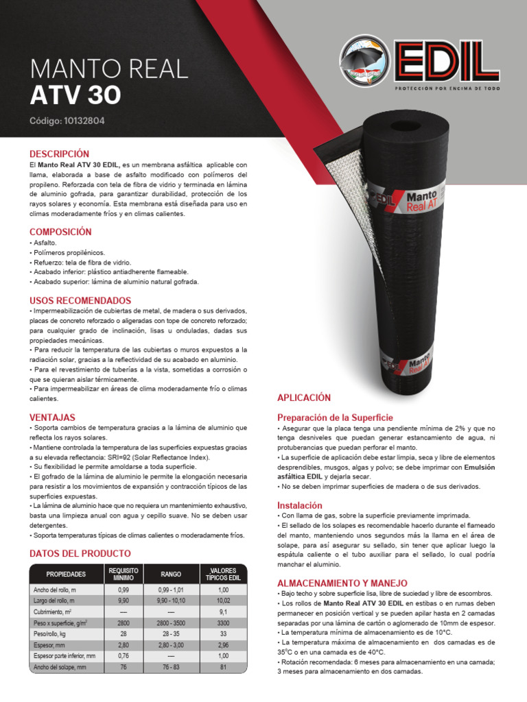 Manto Real ATV 30: Membrana Asfáltica | PDF | Aluminio | Hormigón