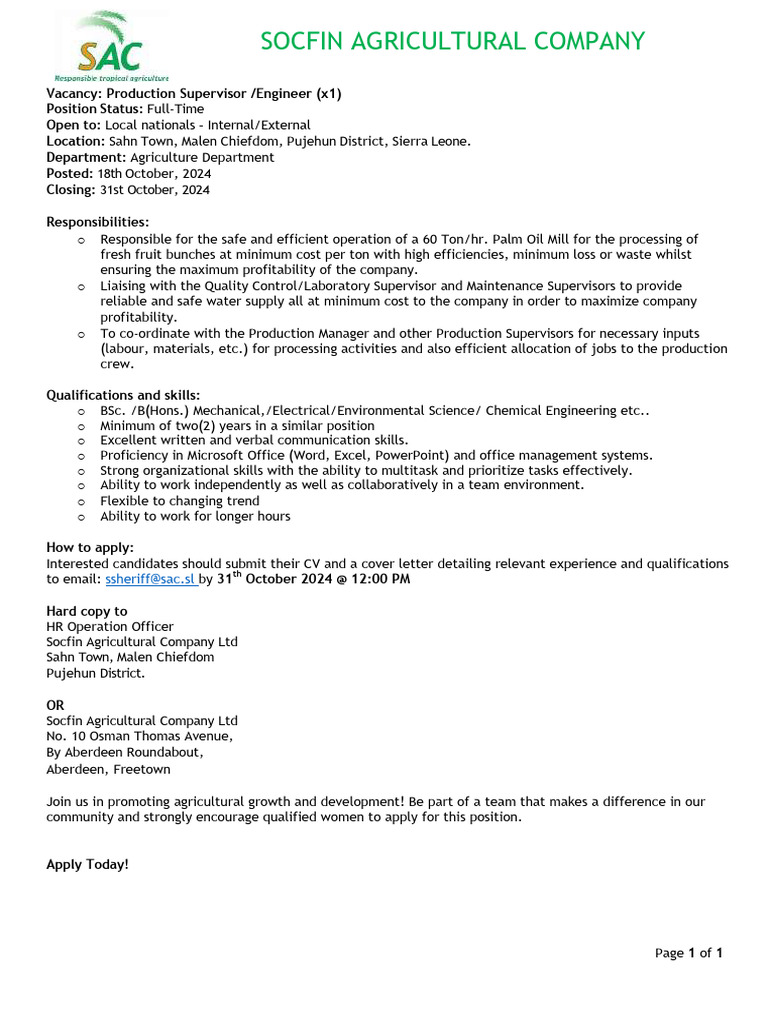 Production Supervisors Engineers - Mill Department | PDF