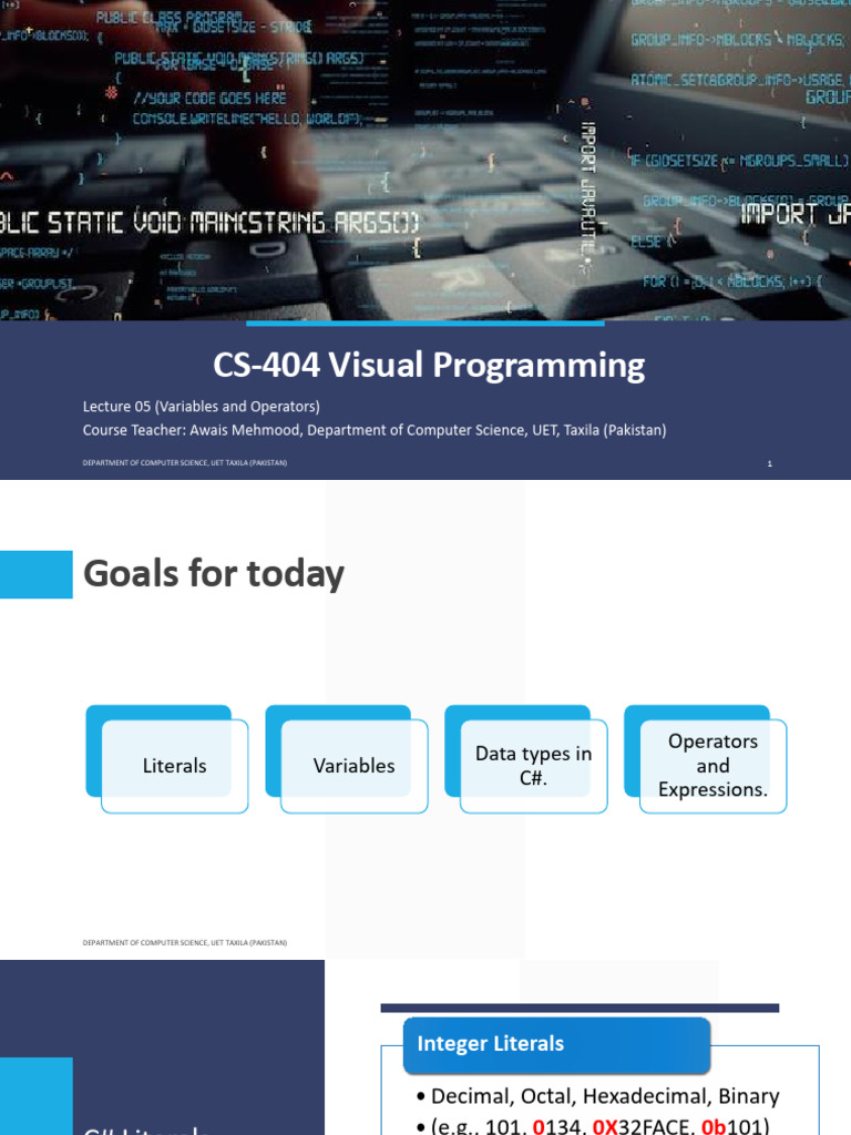Lecture 05 06 Literals Variables Operators Dicision Making Branching Pdf Integer