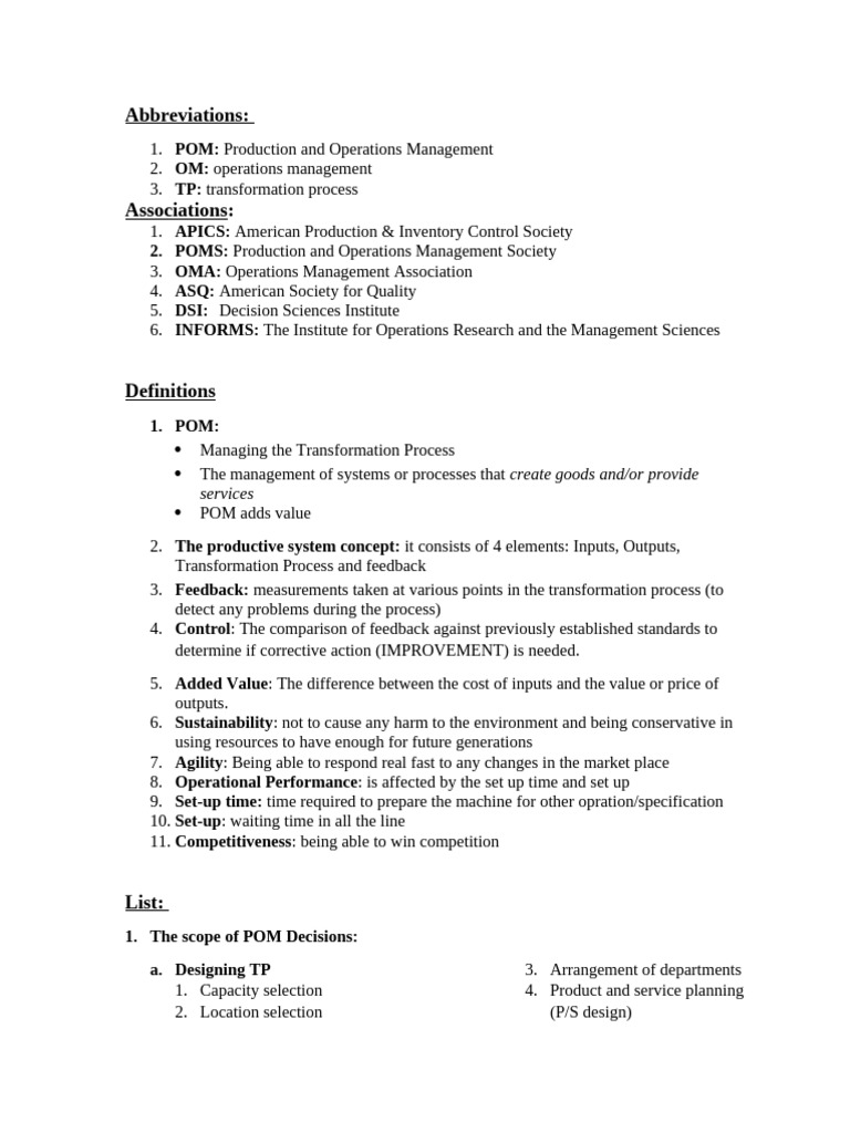 OM - Abbreviations and Definitions | PDF | Operations Management ...