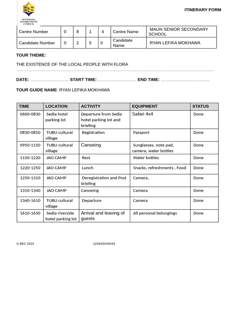 2024 Bsse Tour Itinerary Form Paper 3 | PDF