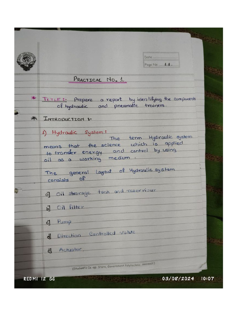 Hydraulics and Pneumatic Practicals | PDF