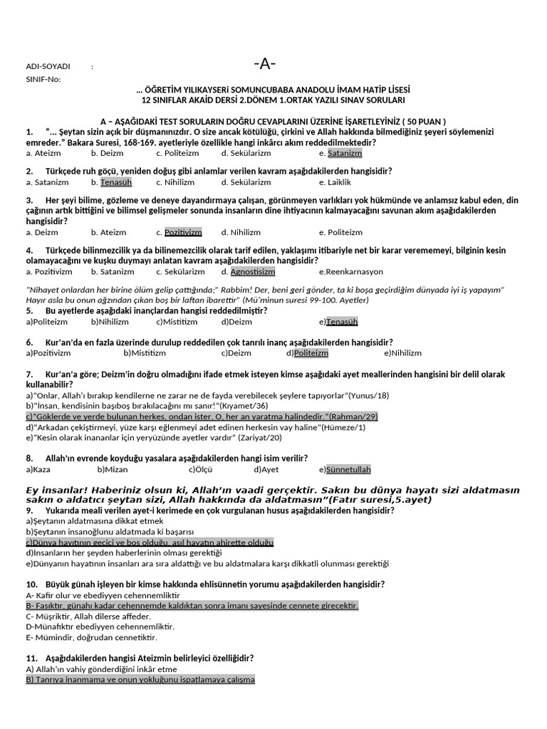 İHL Akaid 11. Sınıf 2. Dönem 1. Yazılı 1 | PDF