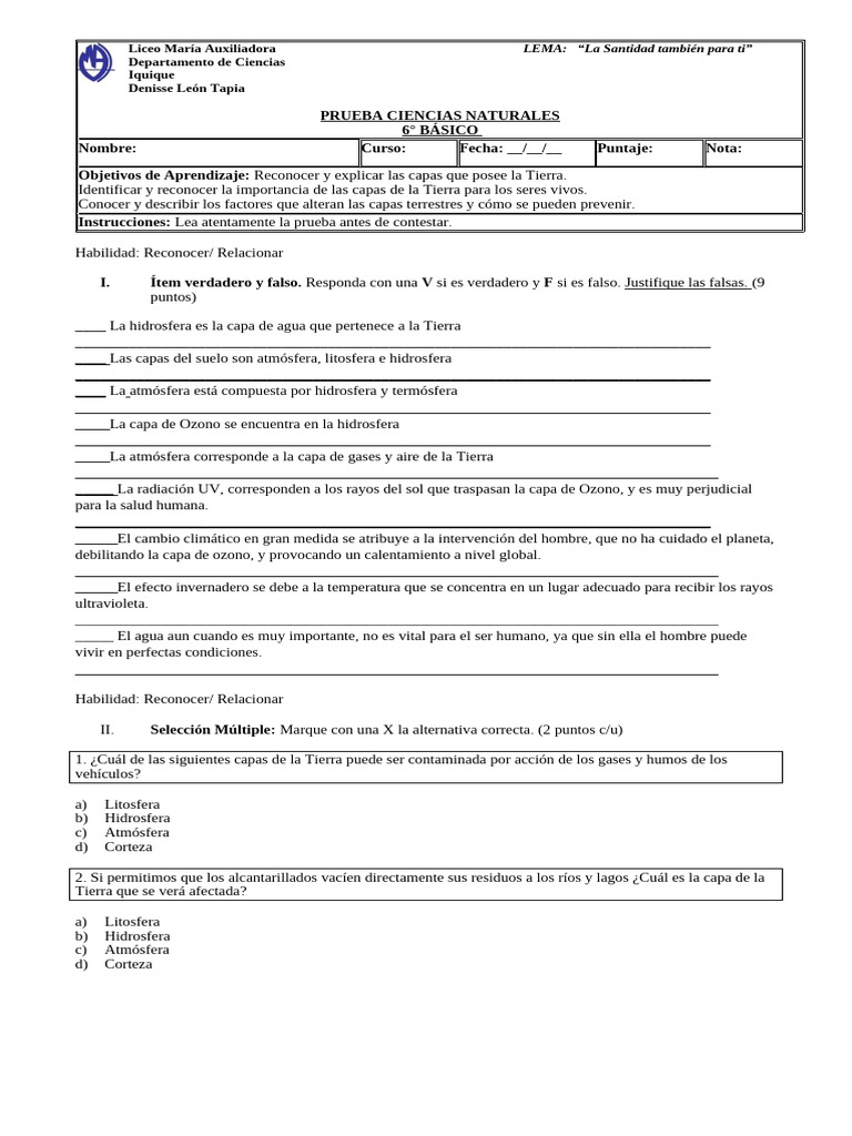 Prueba Unidad 1 6° Básicos | PDF | Tierra | Ozono