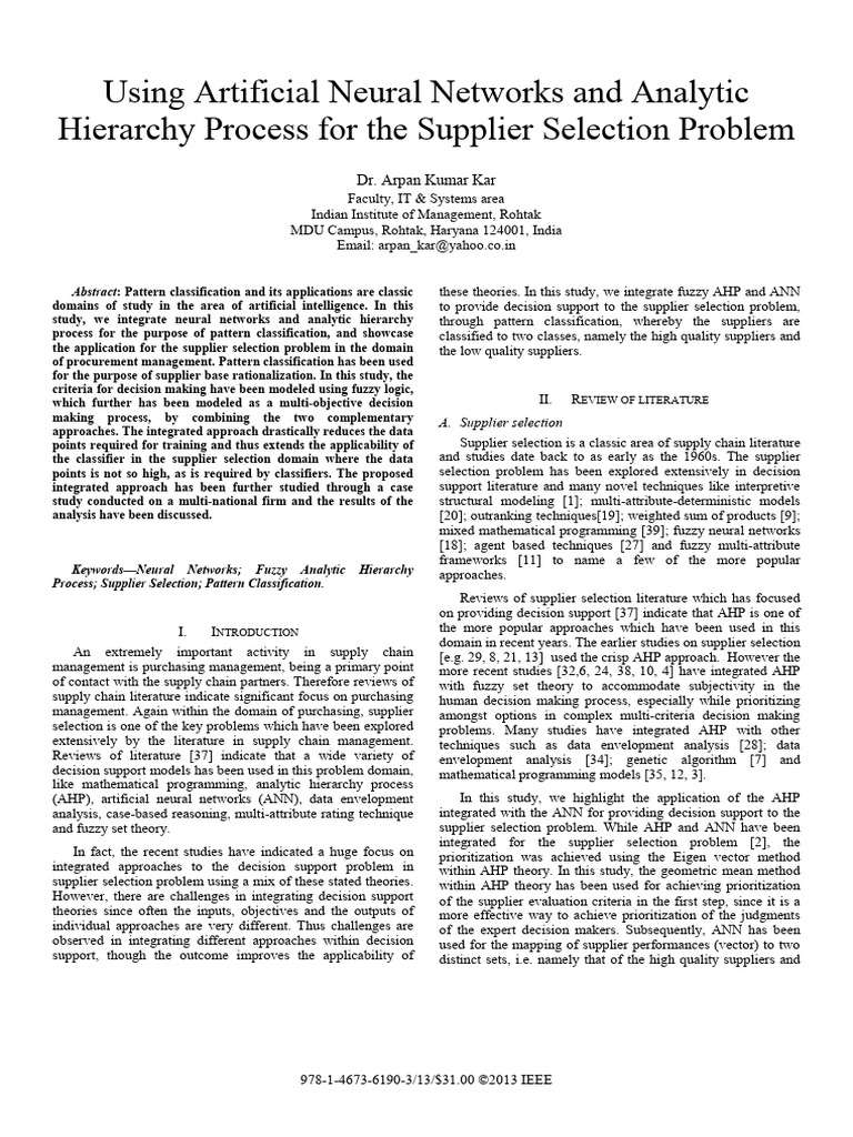 Using Artificial Neural Networks and Analytic Hierarchy Process For The Supplier Selection ...