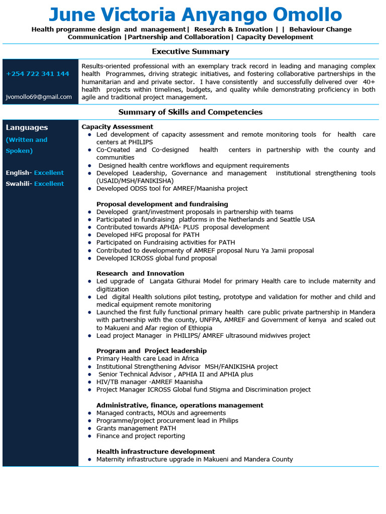 June Victoria Omollo-August 2024 Resume | PDF | Kenya | Health Care