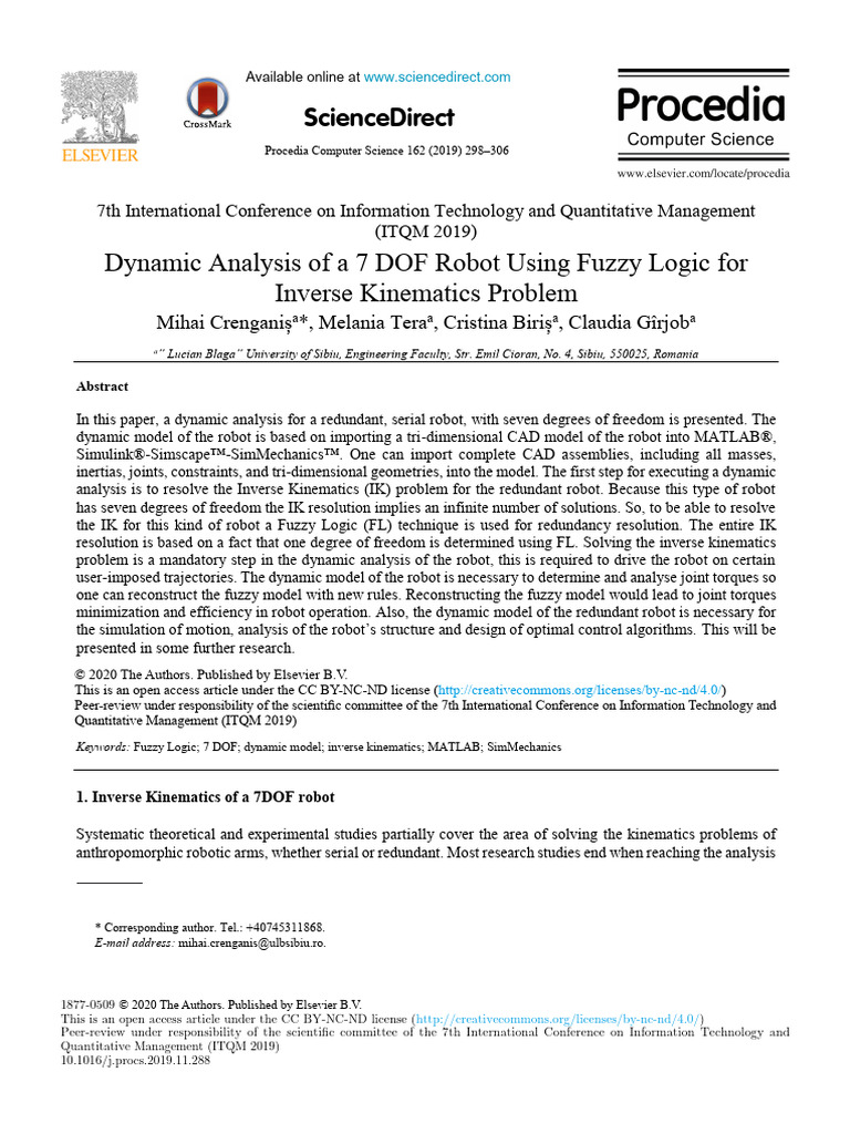 Dynamic Analysis of A 7 DOF Robot Using Fuzzy Logic | PDF | Kinematics | Robotics