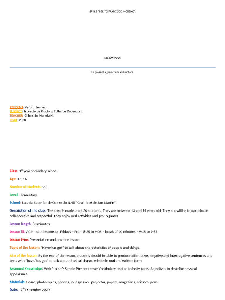 Lesson Plan: Using "Have/Has Got" in Class | PDF | Linguistics | Grammar