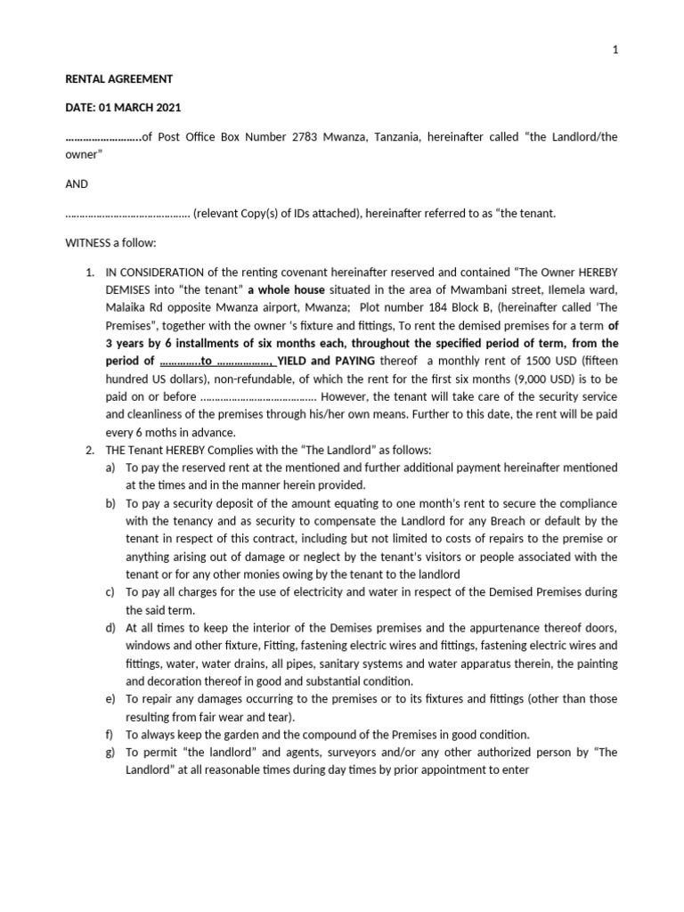 Mwanza Rental Agreement Template | PDF | Leasehold Estate | Landlord