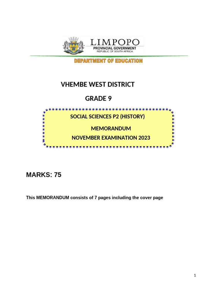 Grade 9 SS (History) Term 4 Nov Memo - 102801 - 101422 | PDF | Nelson ...