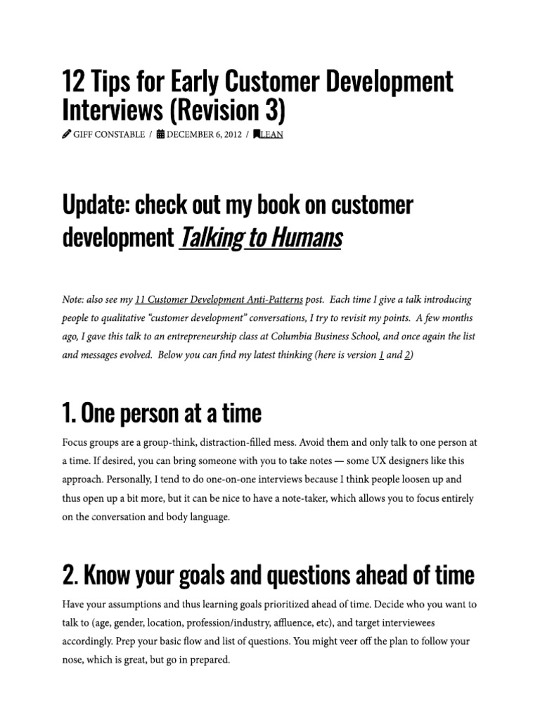 12 Tips For Early Customer Development Interviews (Revision 3) | PDF