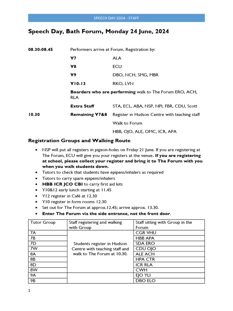 2024 Speech Day Staffing and Walking Route | PDF