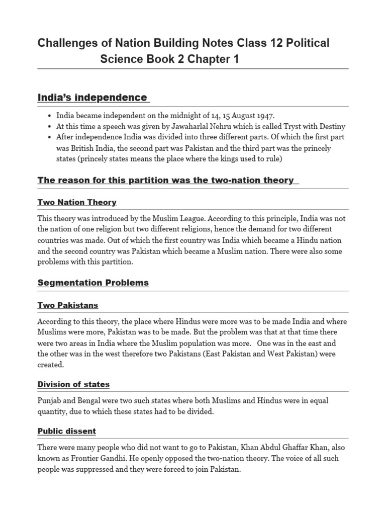 Challenges of Nation Building in India | PDF | Two Nation Theory ...