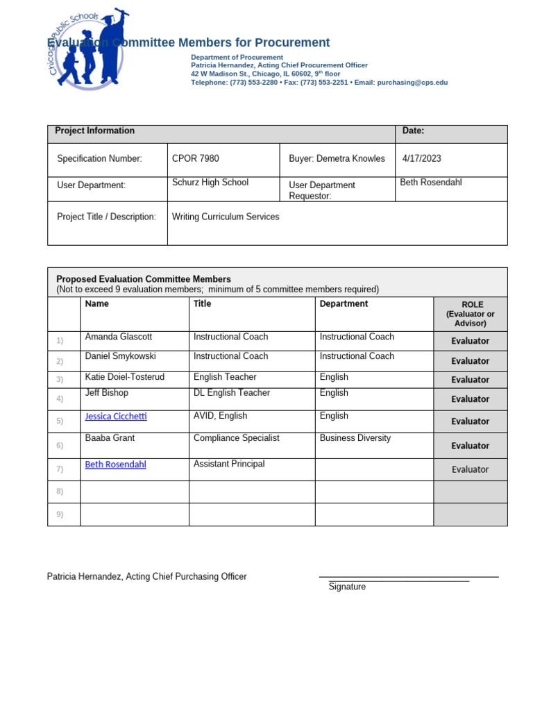 Schurz Evaluation Committee Member For Procurement | PDF