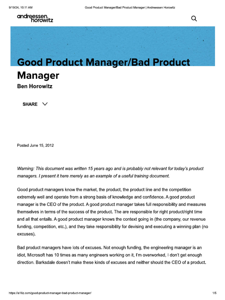 Good Product Manager-Bad Product Manager | PDF