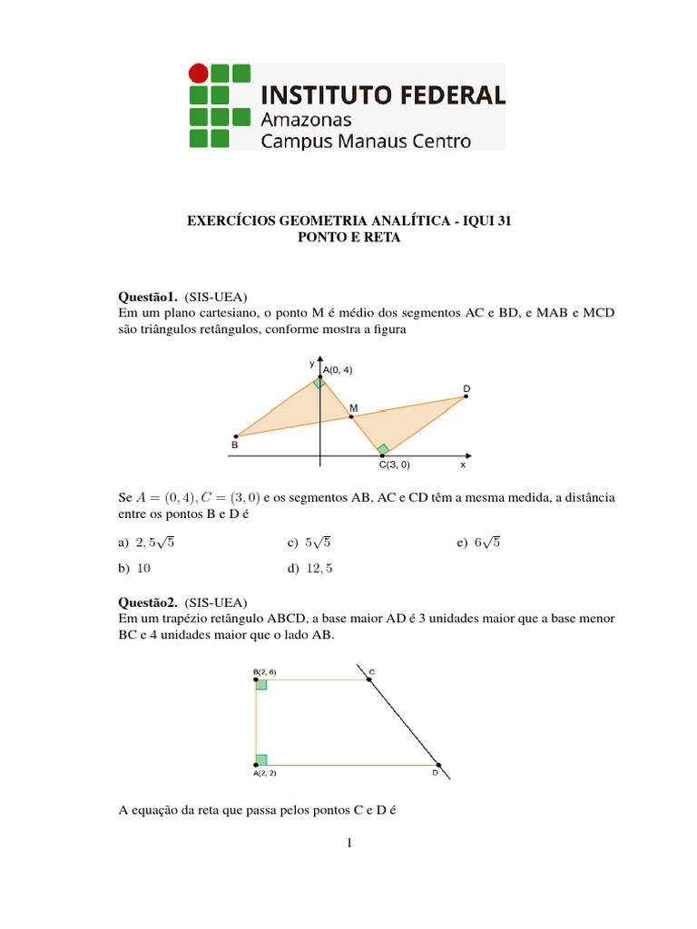 Exerccios_Ponto_Reta_2024 | PDF | Linha (Geometria) | Triângulo