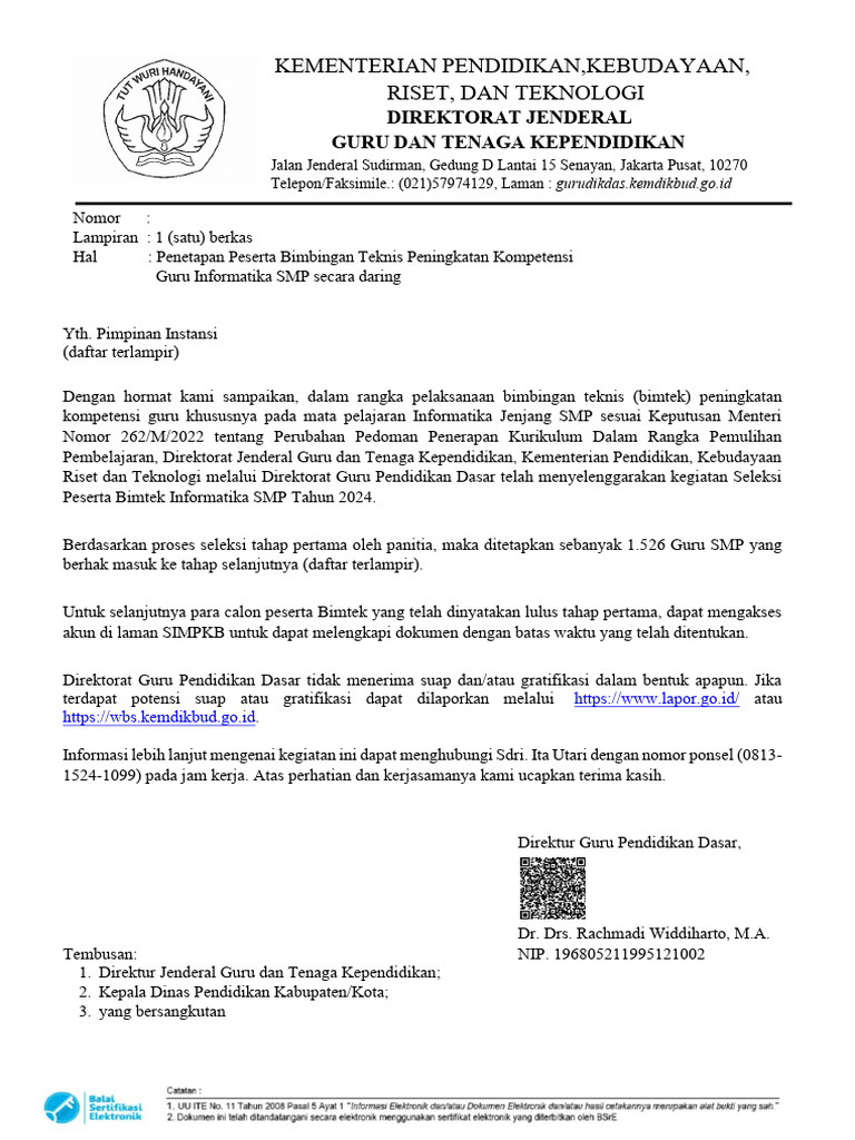 Penetapan Peserta Bimtek Informatika Tahun 2024 - 241022 - 040740 | PDF