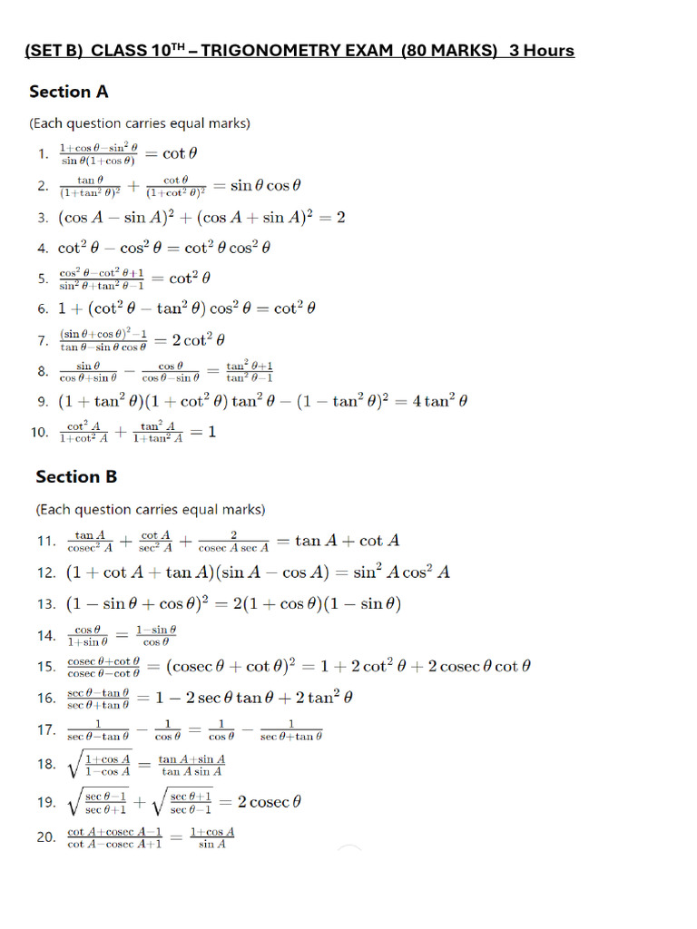 (SET B) 10th Trig Maths Exam | PDF