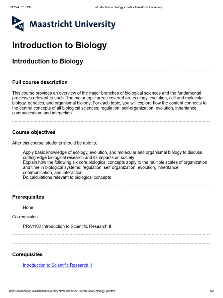 Introduction to Biology - meta - Maastricht University | PDF
