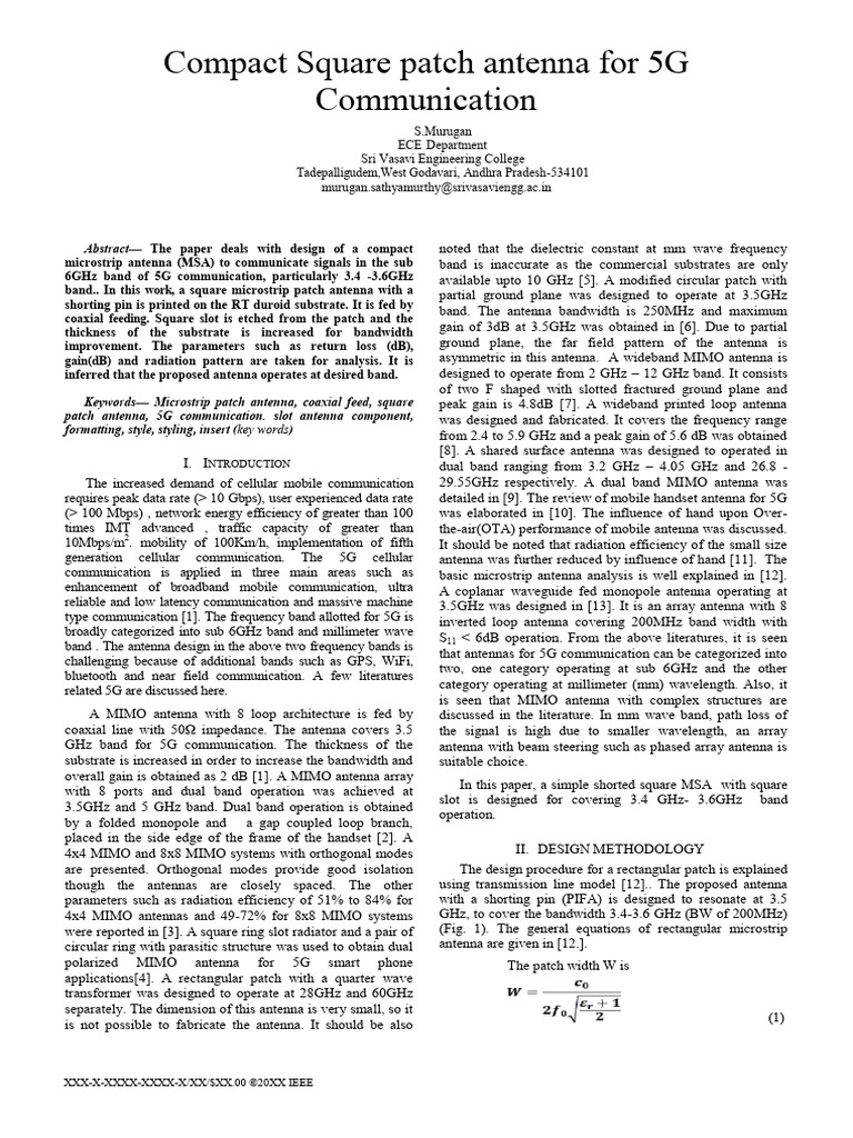 Compact Square Patch Antenna For 5G | PDF | Antenna (Radio) | Radio