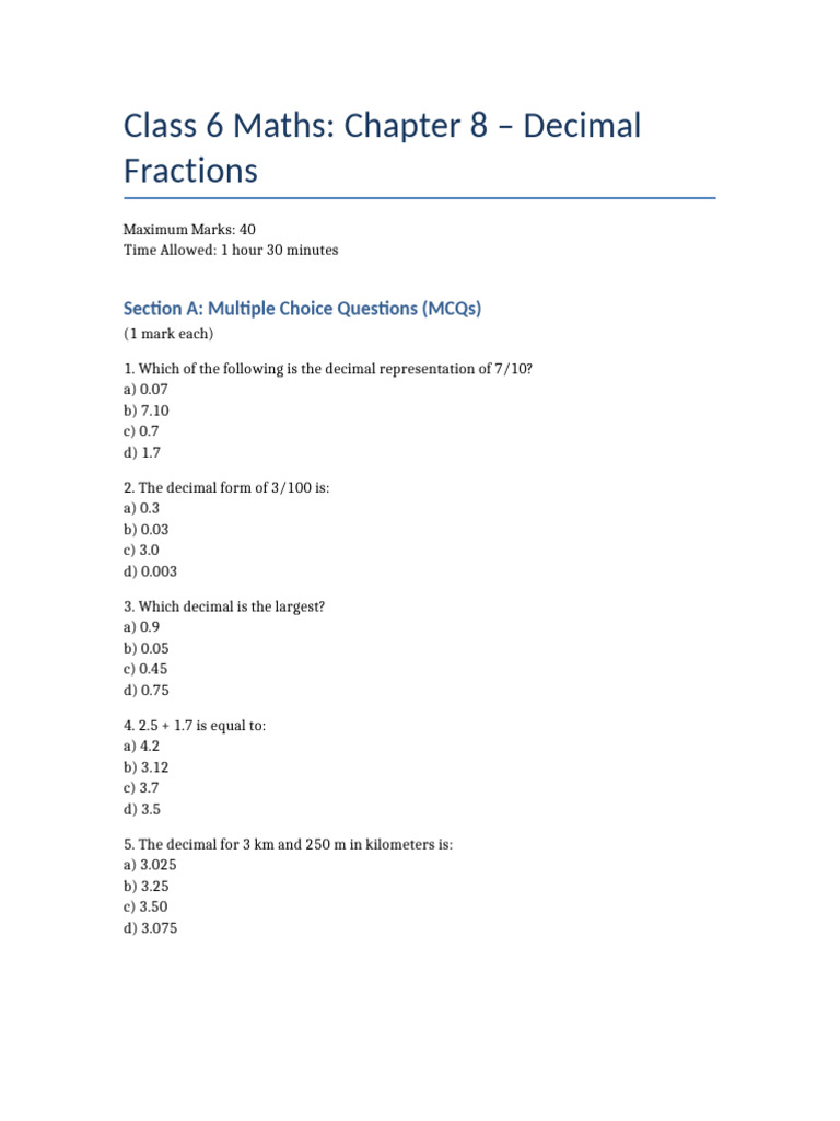 Class 6 Decimal Fractions Test Paper | PDF | Decimal | Ice Cream
