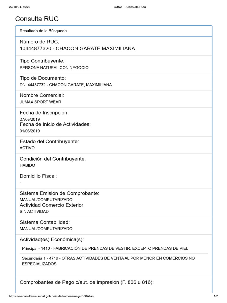 SUNAT - Consulta RUC MAXIMILIANA | PDF