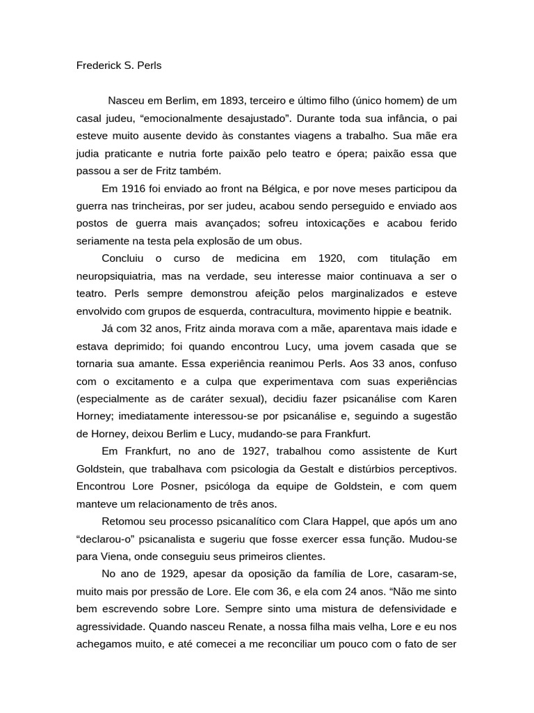 Frederick Perls - História | PDF | Terapia Gestalt | Psicanálise