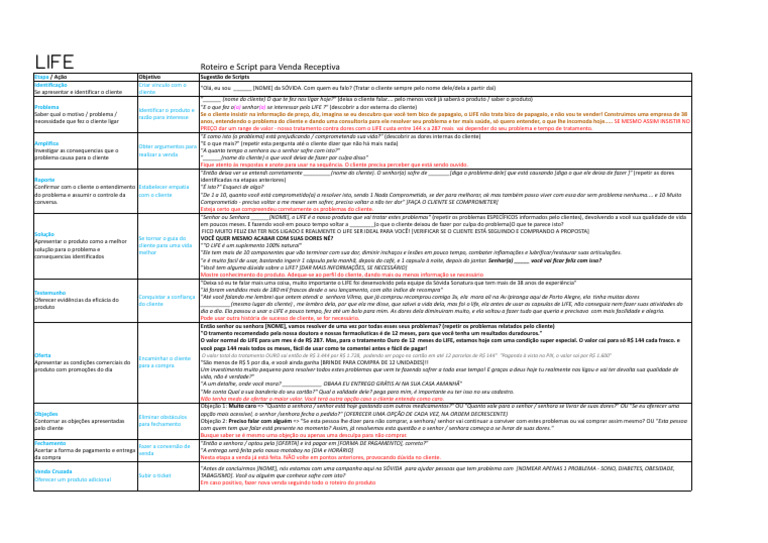 Roteiro e script de vendas Life. | PDF | Tempo | Dor