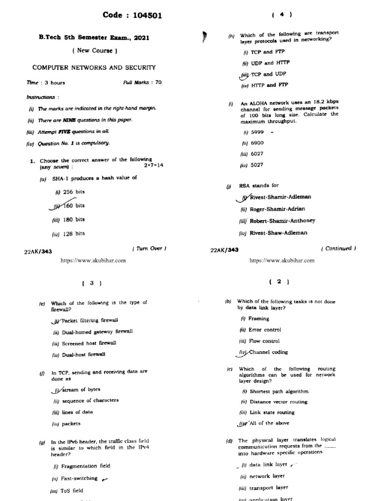 Btech 5 Sem Computer Networks and Security 104501 2021 | PDF