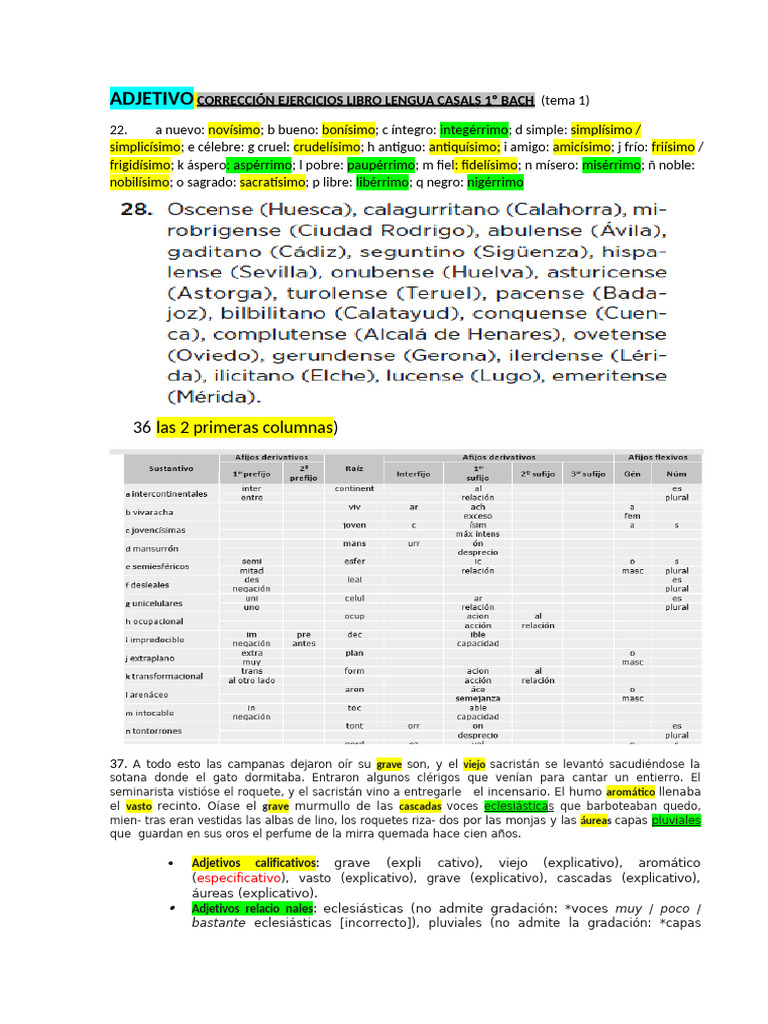 UD 1. CORRECCIÓN EJERCICIOS Adjetivo LIBRO LENGUA CASALS 1º BACH | PDF